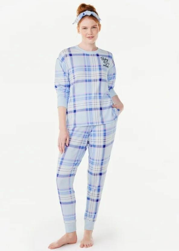NEW Choose Size Blue Plaid Stretchy 3 Pc Comfy Pajama Lounge Set ...