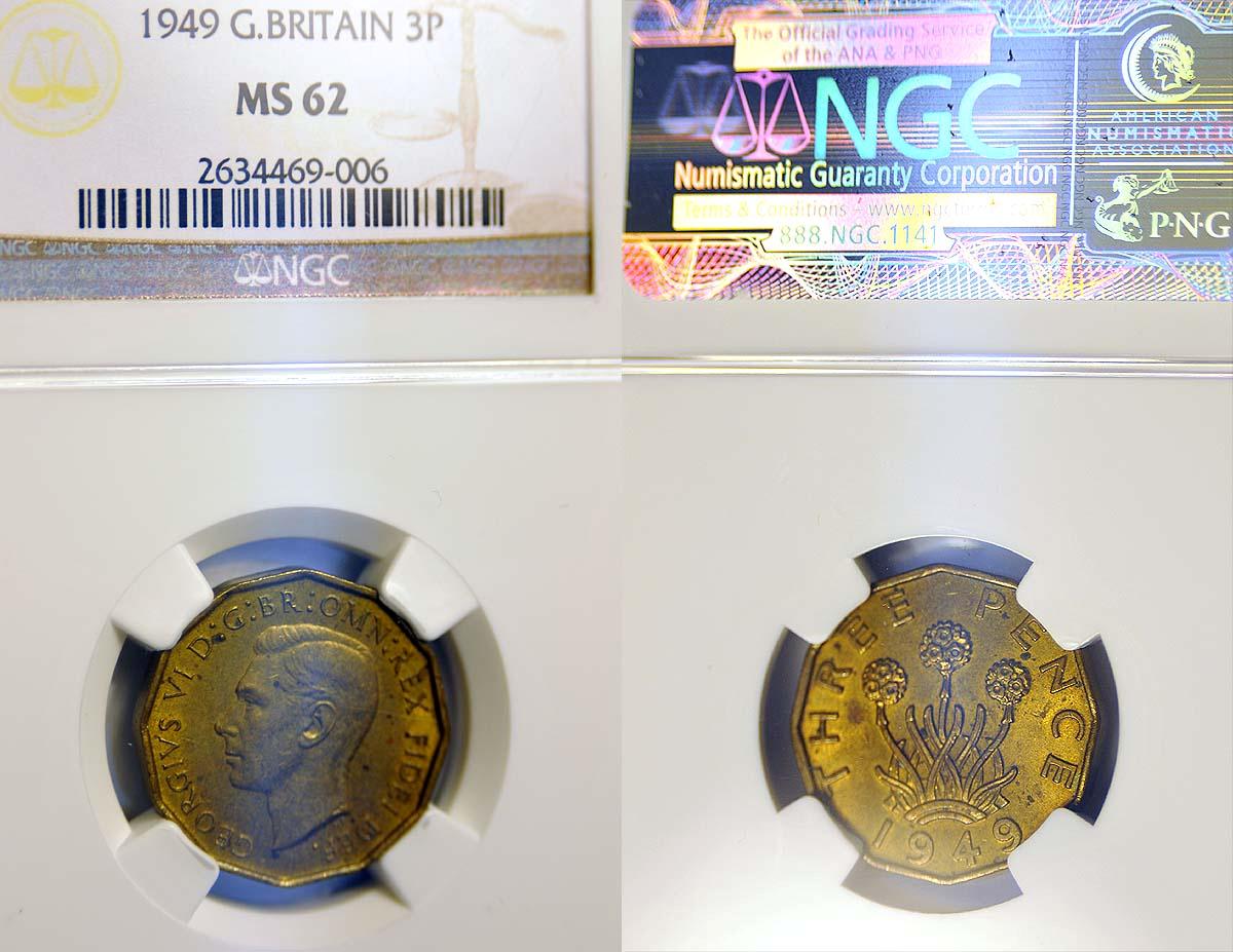 Great Britain 1949 3 Pence NGC 62, Rare, Small population, Only one ...