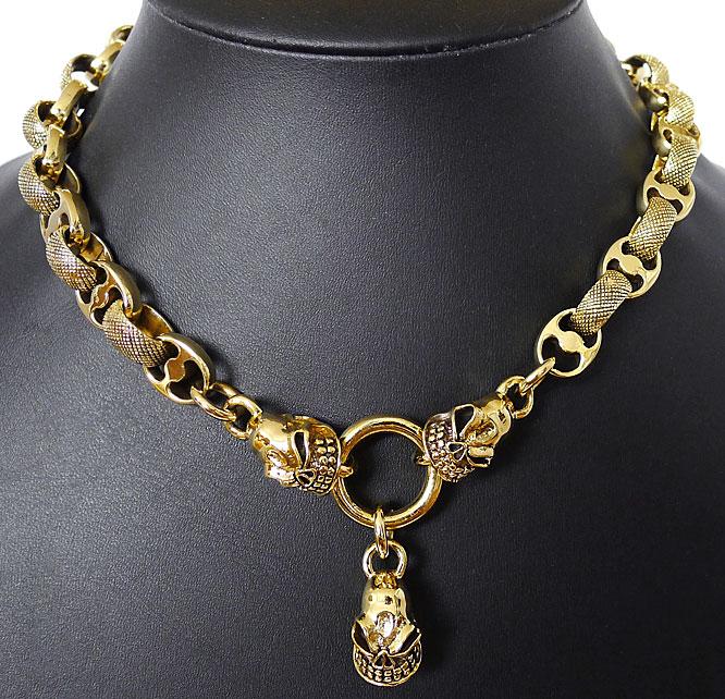 HEAVY MAFIA SKULL GOLD BRASS CHOKER NECKLACE 20" BIG BIKER PUNK ROCK ...