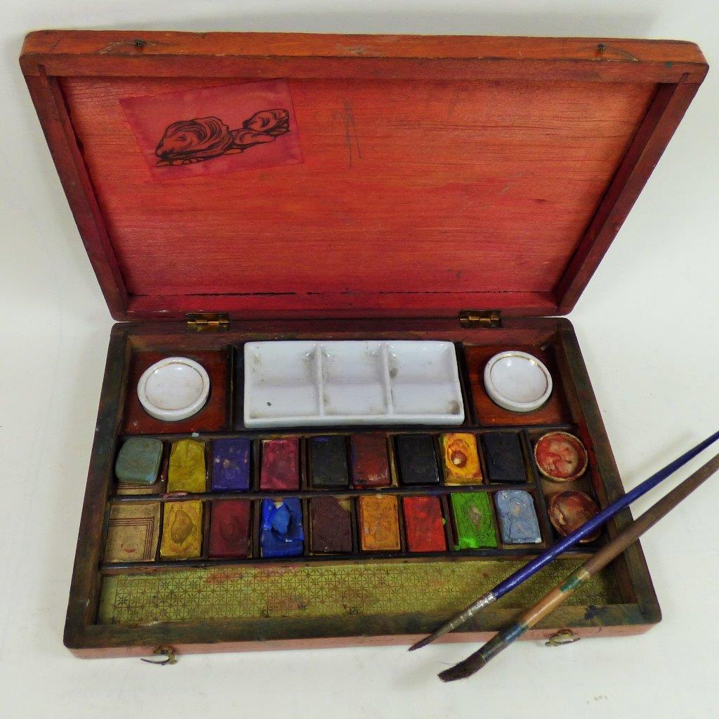 ANTIQUE WATERCOLOUR ARTISTS PAINT BOX WOOD with contents £125.00 ...
