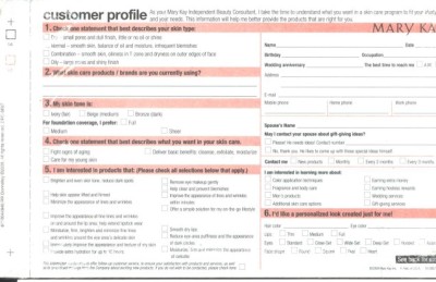 * Mary Kay Customer Profile Card 50 pcs