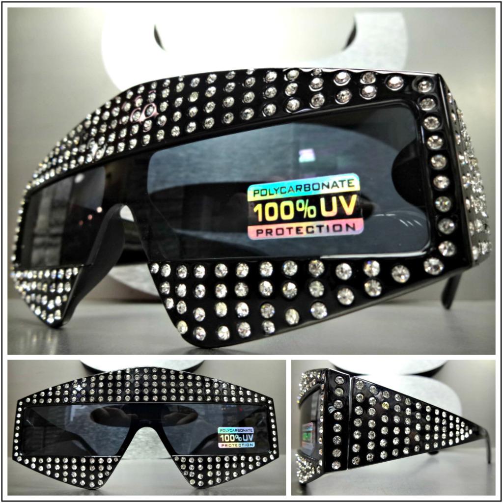 OVERSIZE FUTURISTIC SHIELD Style SUN GLASSES Black Frame Bling Crystals ...