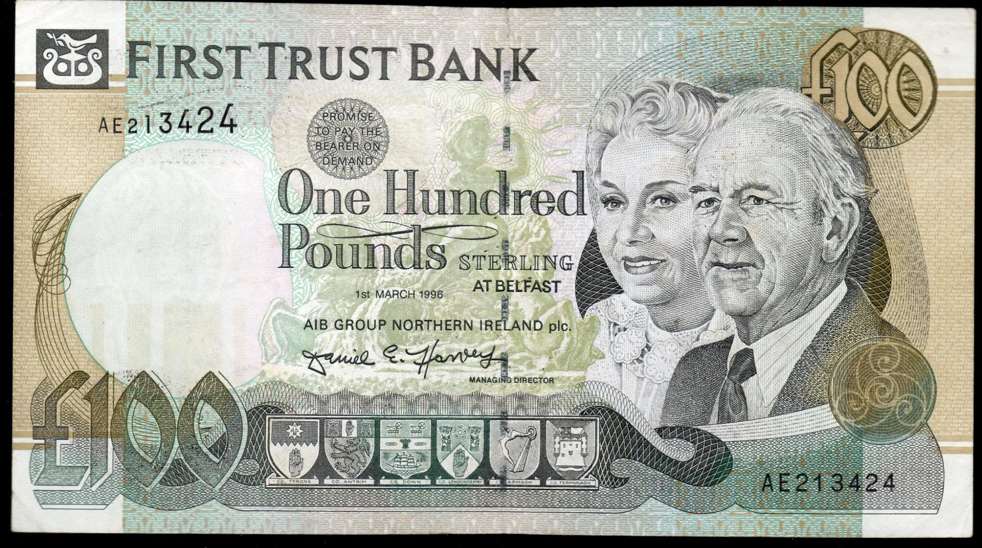 First Trust Bank Belfast £100 hundred pound banknotes 1994 1996 real ...