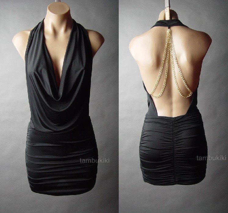 Gold Chain Backless Open Back Low-Cut Cleavage Evening Mini 54 mv Dress ...