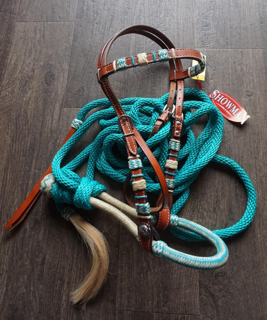 Bitless Show Hackamore TEAL BROWN PURPLE Rawhide Bosal Mecate Full Set ...