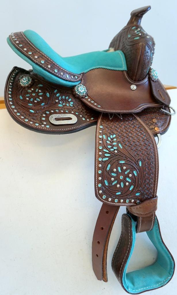 Western Mini Pony Barrel Saddle 10" 12"- Teal/ Pink Suede Seats Painted ...