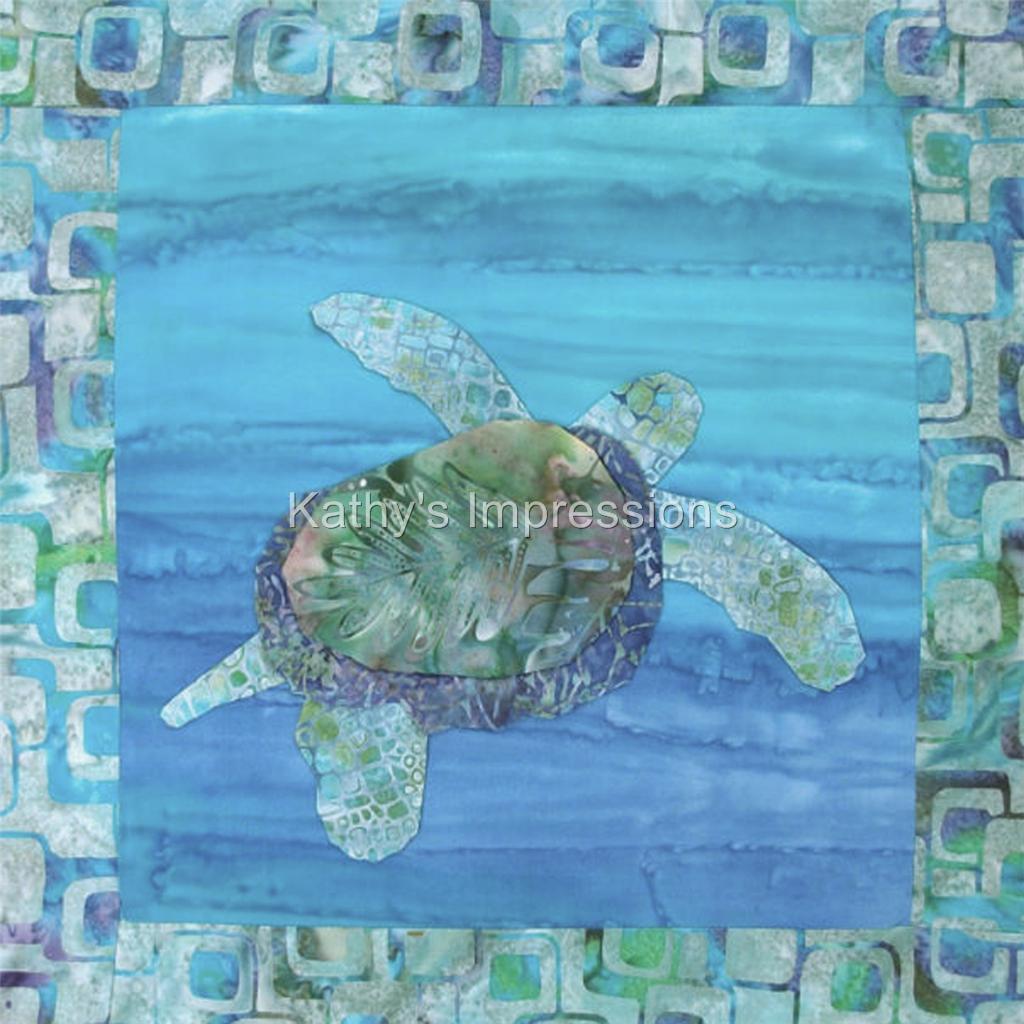 HONU SEA TURTLE w/ Border~Light Blue Ocean Water~ Batik Fabric Quilt ...