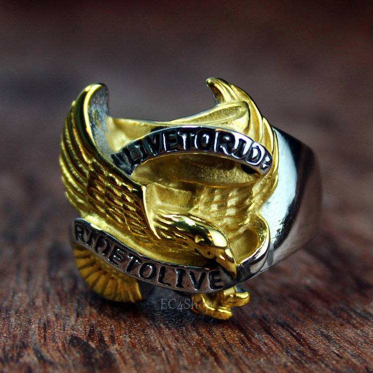 Men's Live to Ride American Eagle Hawk Gold Motorcycle Biker Ring ...