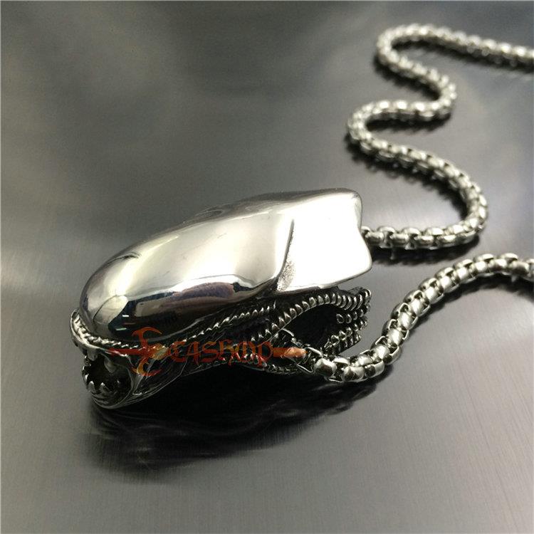Large Silver Stainless Steel Alien Skull Predator Men's Necklace Chain ...