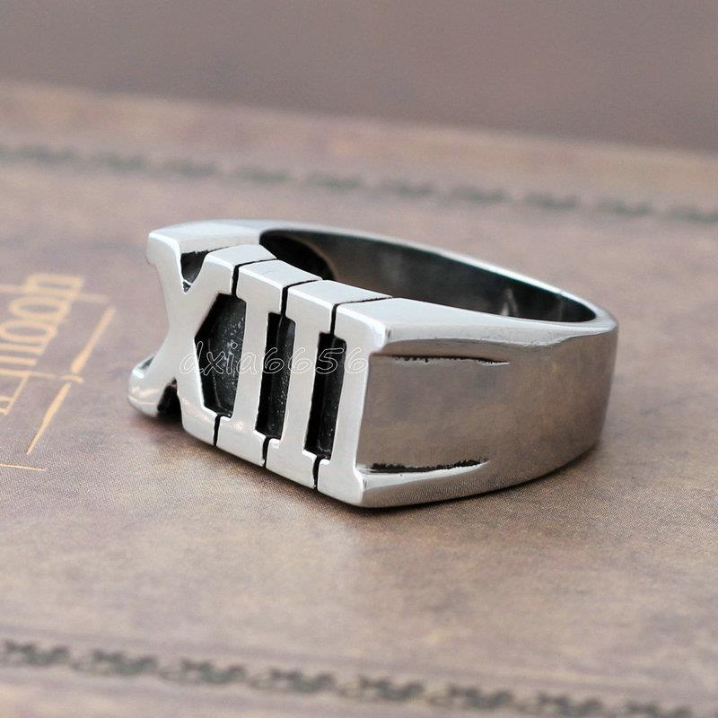 Men's Silver Roman Numeral Lucky 13 Biker 316L Stainless Steel Biker ...