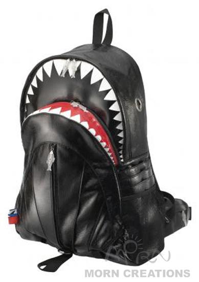 SHARK Backpack XL BLACK shiny PU Morn Creations bag tale beach teeth ...