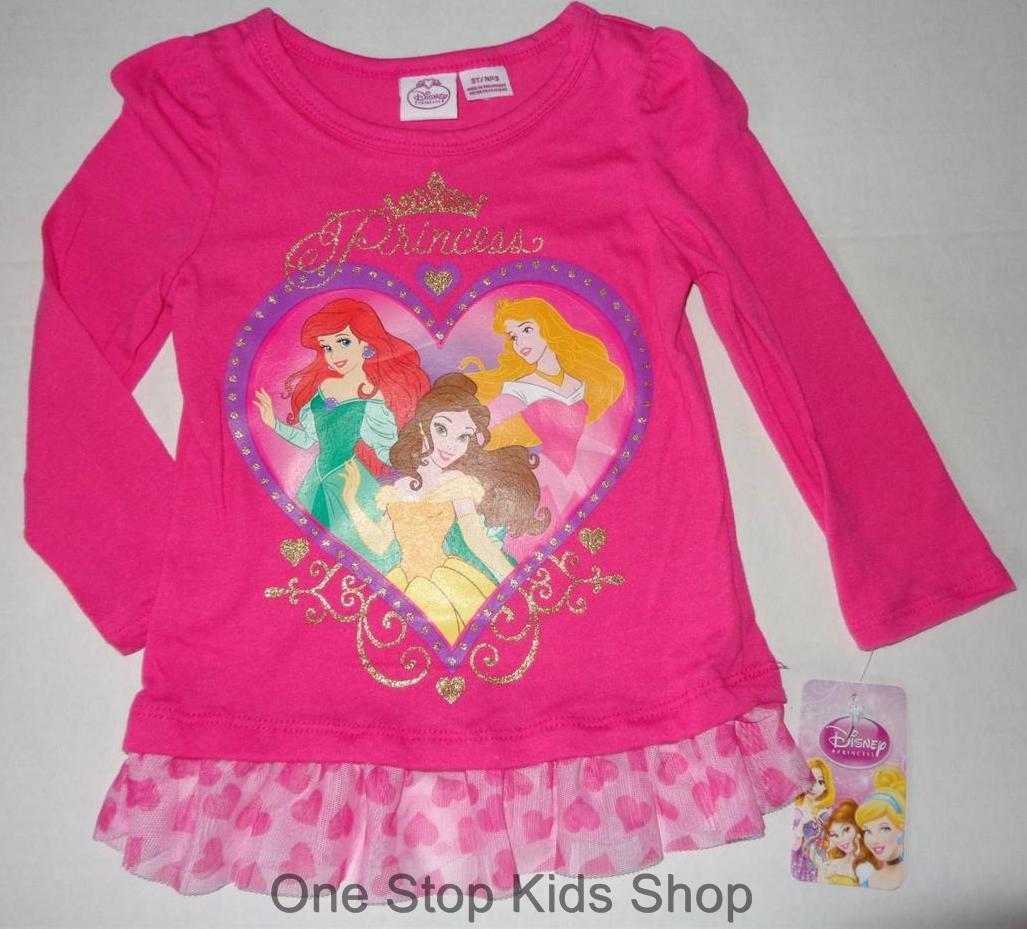 DISNEY PRINCESS Girls 2T 3T 4T 5T Long Sleeve Tee SHIRT Top Ariel BELLE ...