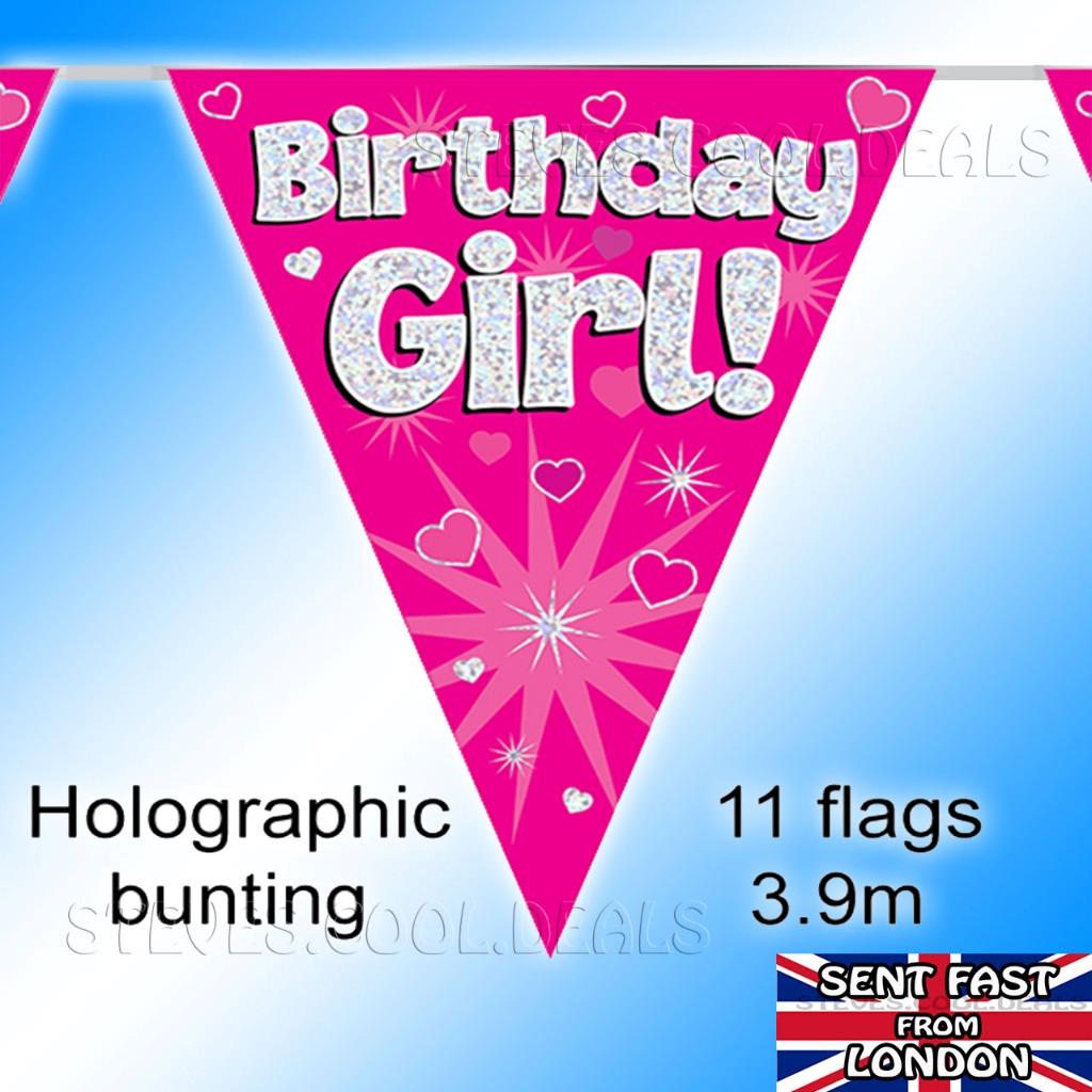 Pink Happy Birthday Bunting Flags Banner Balloon Age 1st to 90th GIRLS ...