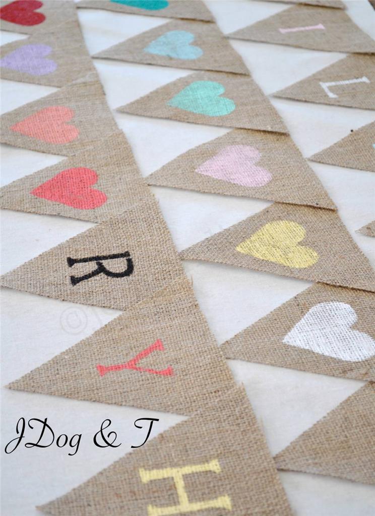 PERSONALISED CUSTOM BUNTING BANNER FLAGS HESSIAN BURLAP RUSTIC WEDDING ...